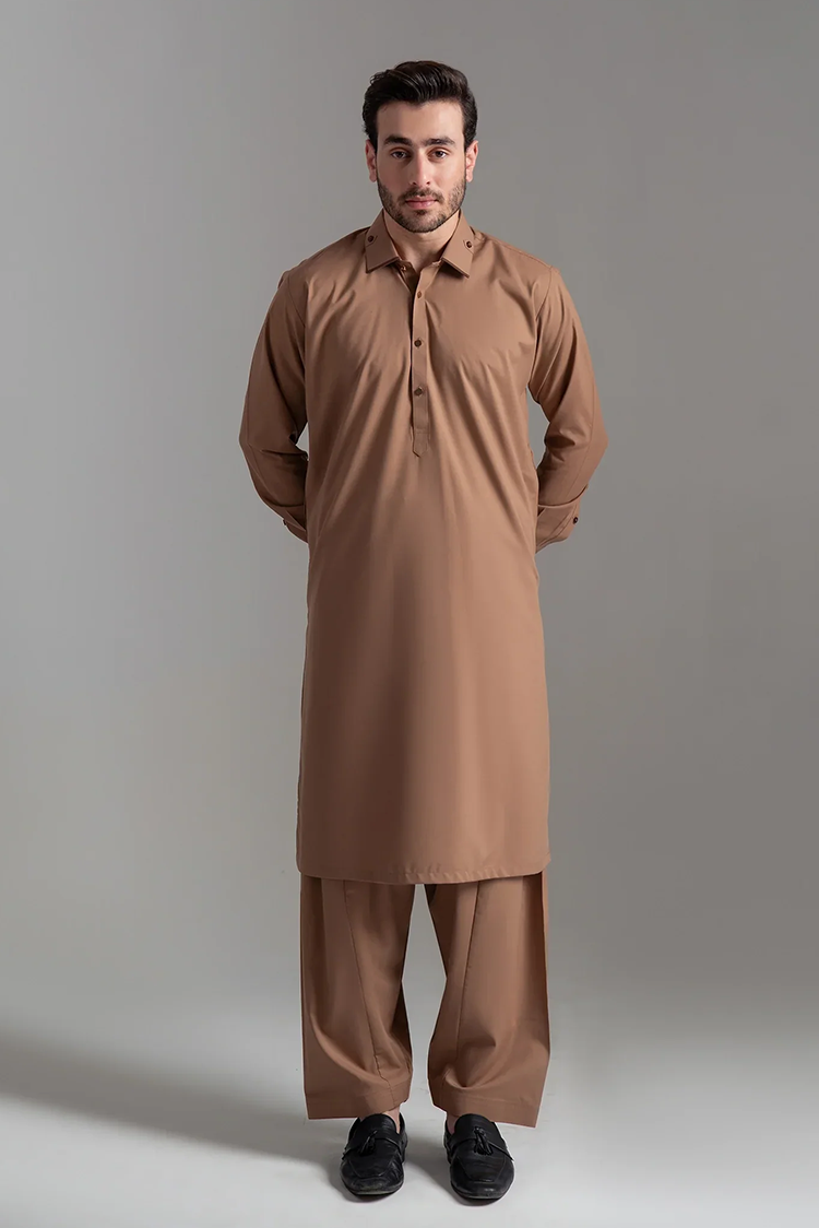 Wash & Wear | Brown Collared Shalwar Kameez – Raja Sahib