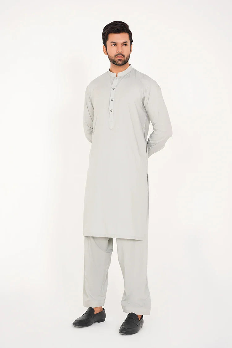 Ash Grey Blended Stitched 2 Pc with Band Collar and Buttoned Placket ...