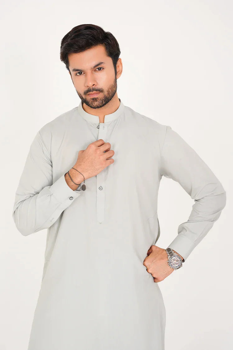 Ash Grey Blended Stitched 2 Pc with Band Collar and Buttoned Placket ...